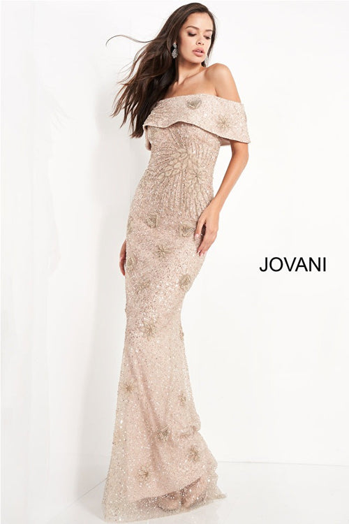 Jovani 03412 Off the Shoulder Beaded Evening Dress