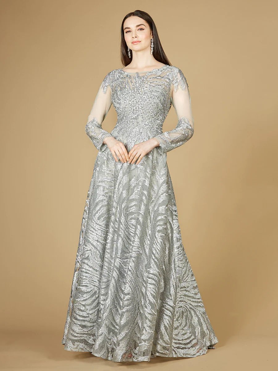 Lara 29231 Lace Ball Gown With Long Sheer Sleeves and High Neck